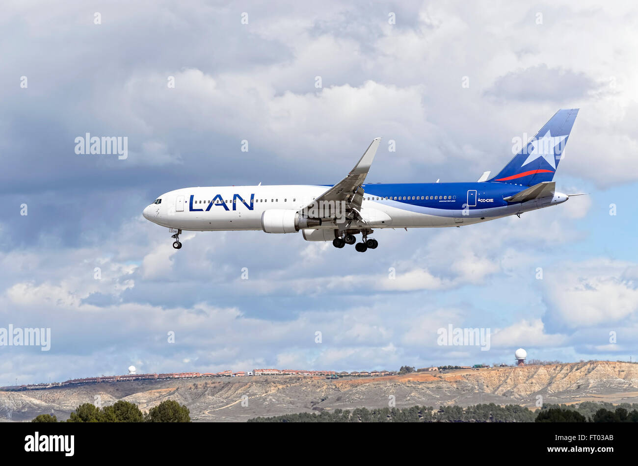 Aircraft -Boeing 767-316(ER)-, of -LAN Airlines- airline, is coming ...