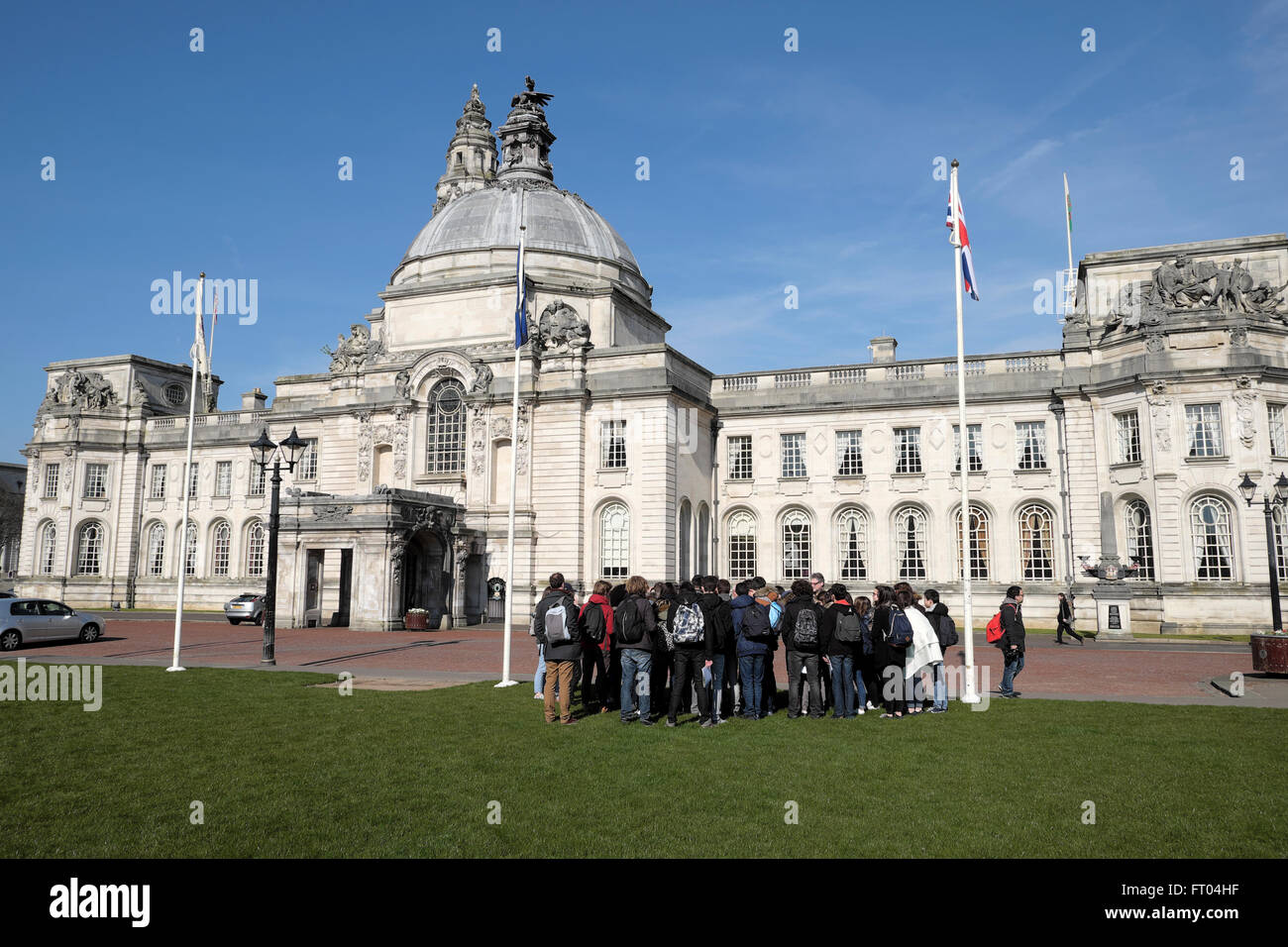 A group of French college students outside Cardiff City Hall buildings ...