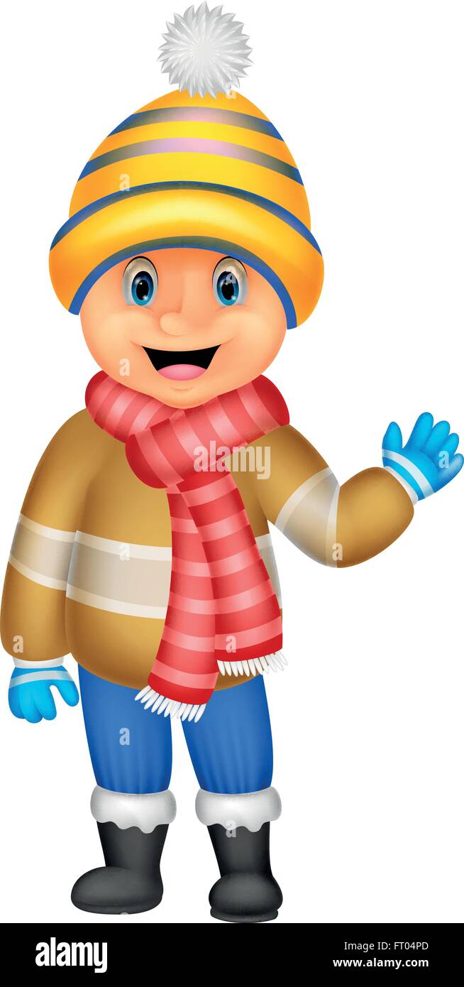 Cartoon illustration of a boy in Winter clothes waving Stock Vector ...