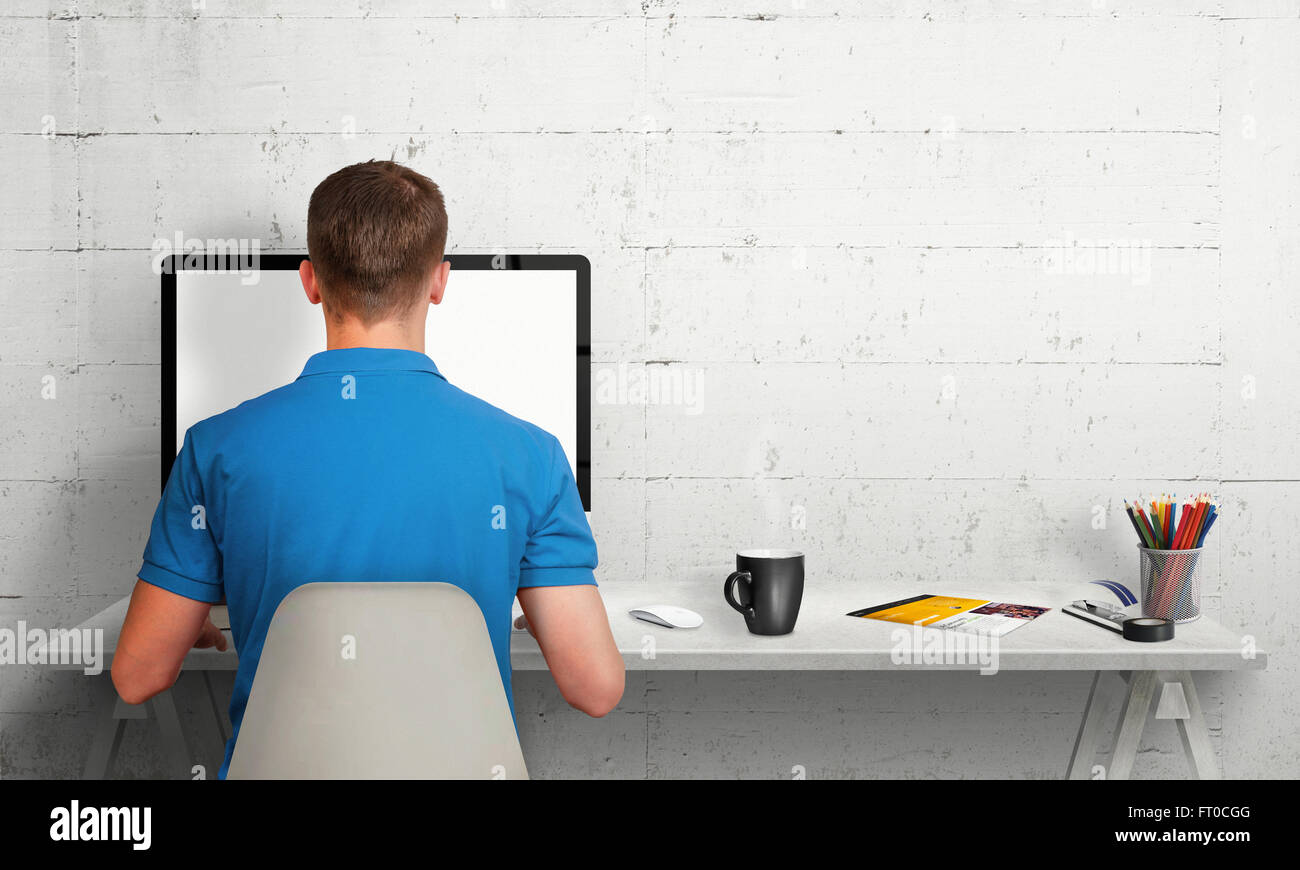 Man working on computer with isolated screen in office interior. Work ...
