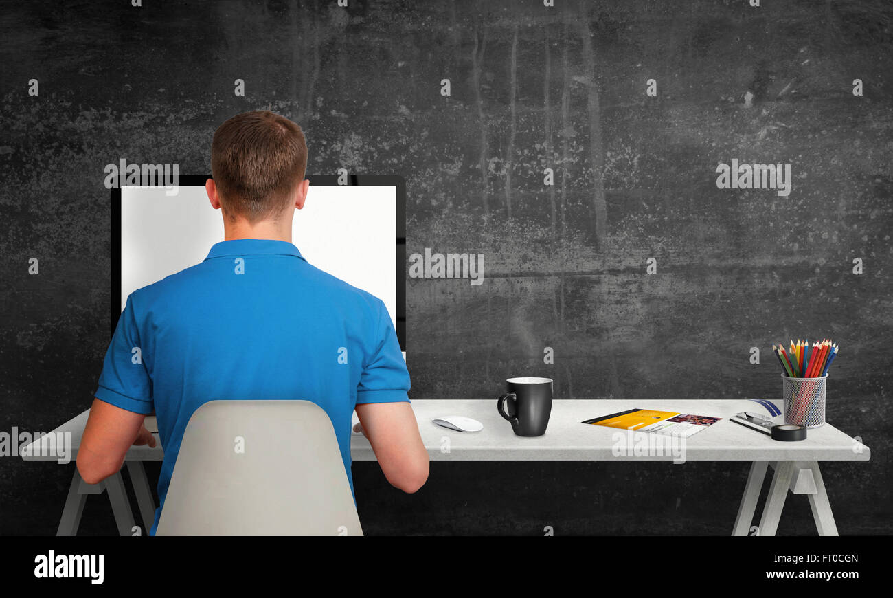 Man working on computer with isolated screen in office interior. Work ...