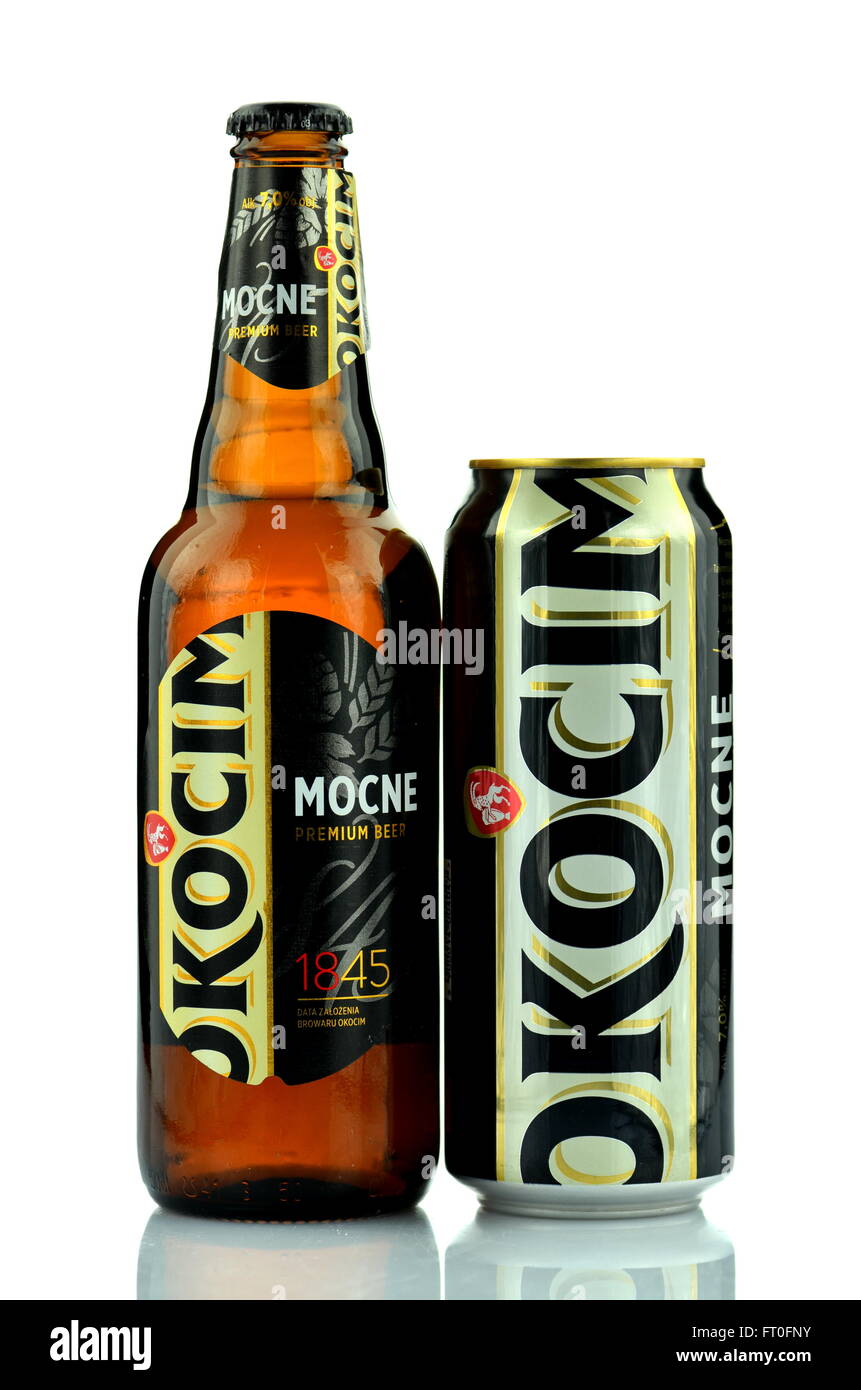 Okocim full light beer isolated on white background. Okocim Brewery was ...