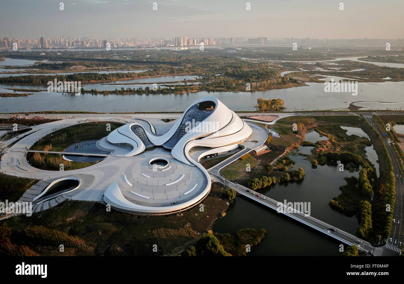 Aerial view of opera house embedded in Harbin's wetland landscape with ...