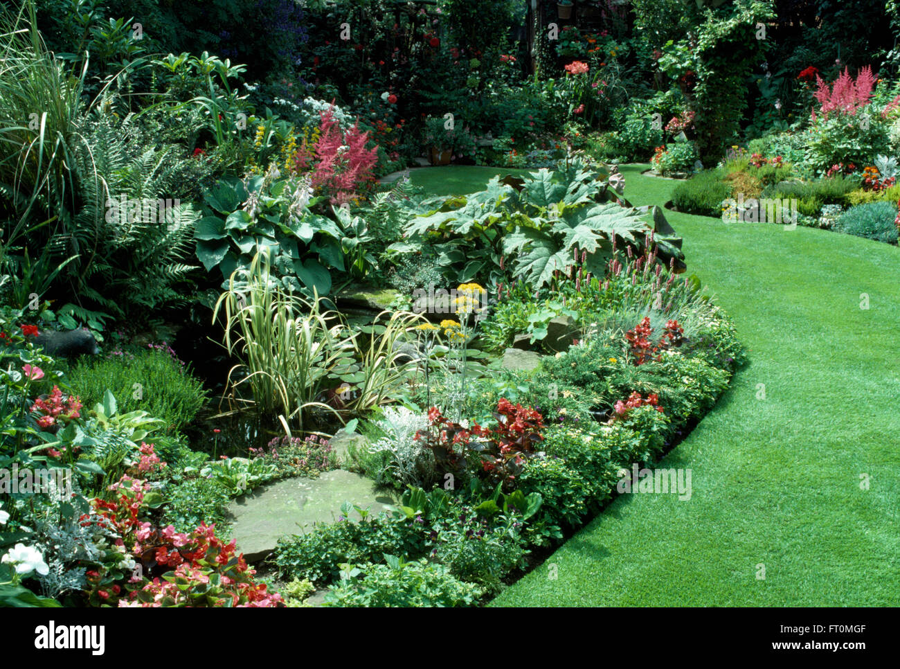 Red begonias and pink astilbe with gunnera in a border edging a small ...