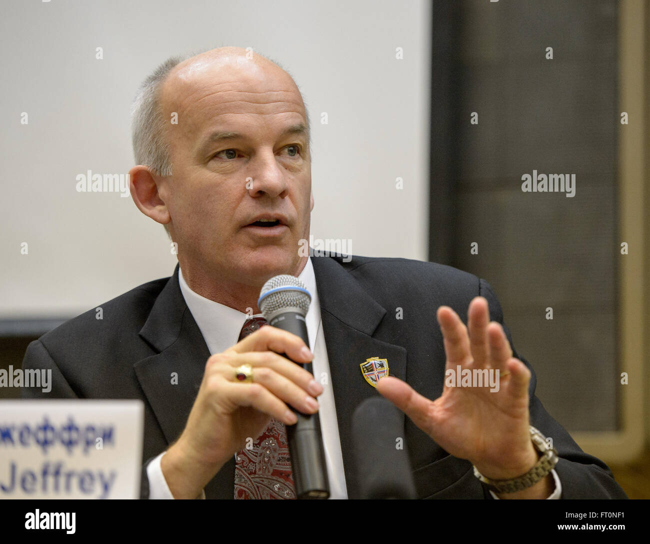 NASA astronaut Jeff Williams participates in a crew press conference at ...