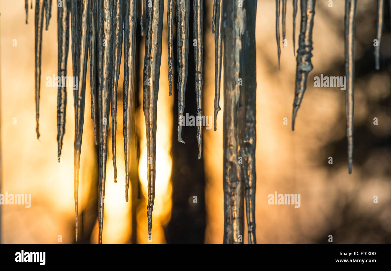 Abstract background of sunrise through natural icicle formation as it ...