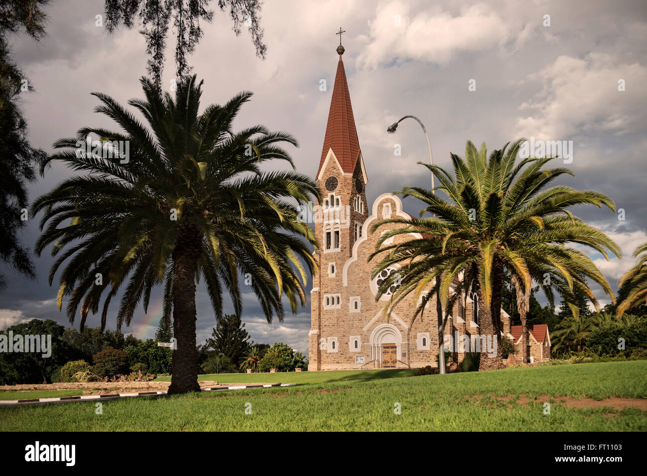 Christ Church with palm trees after a thunderstorm, Windhoek, Namibia ...