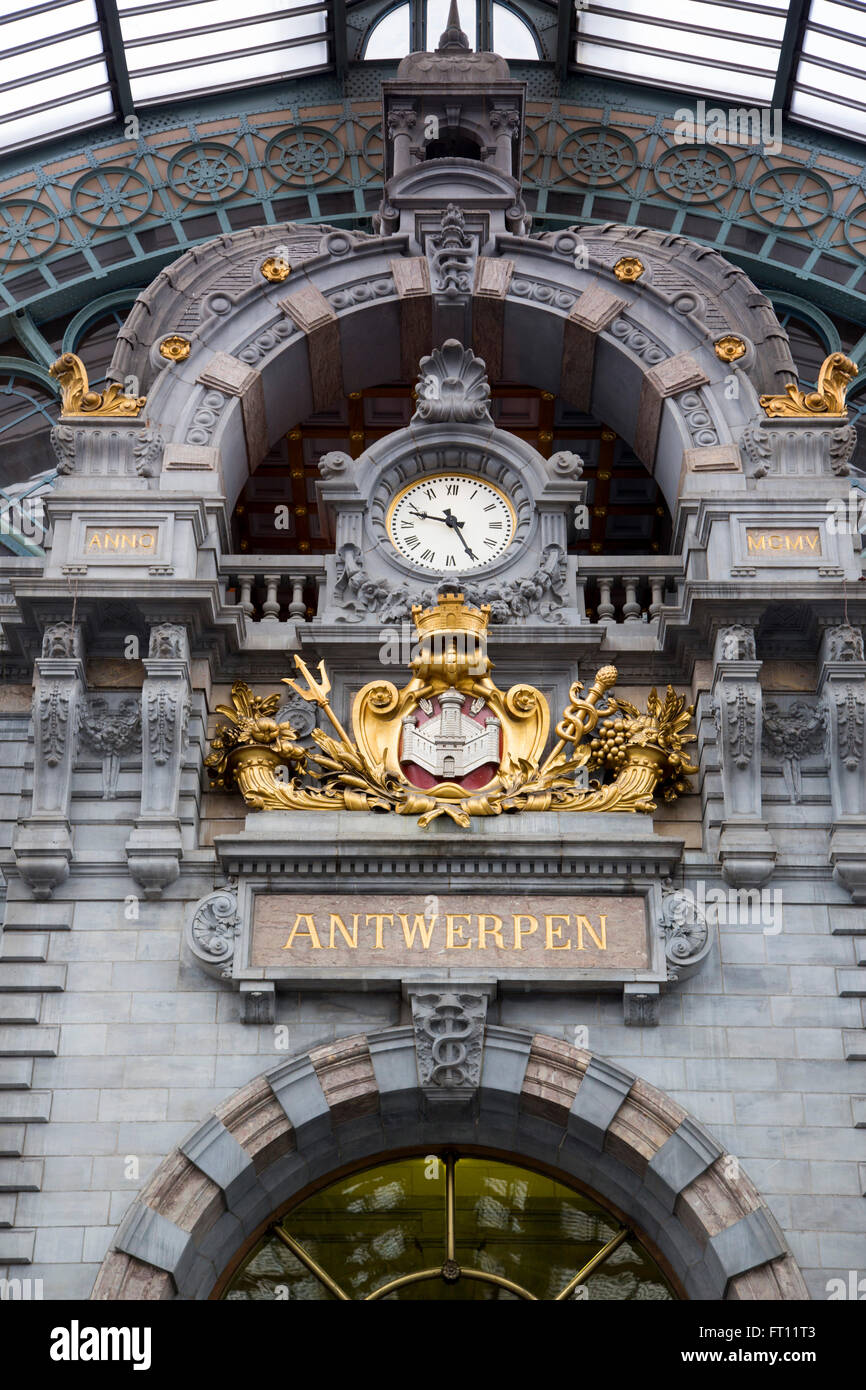 Clock inside Antwerp Central main railway station, Antwerp, Flemish ...