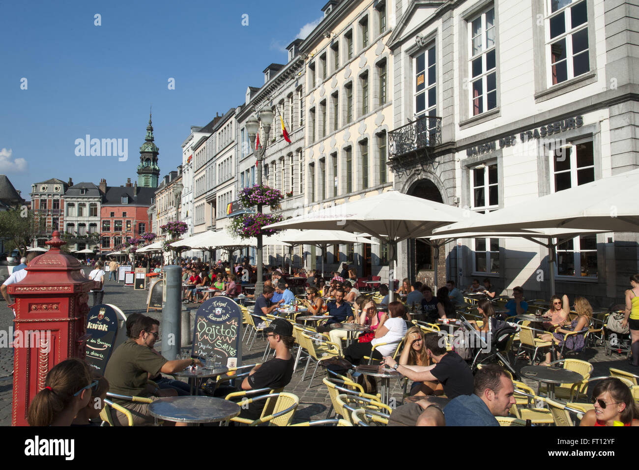 restaurants and cafes, Grand Place square, Mons, Hennegau, Wallonie ...