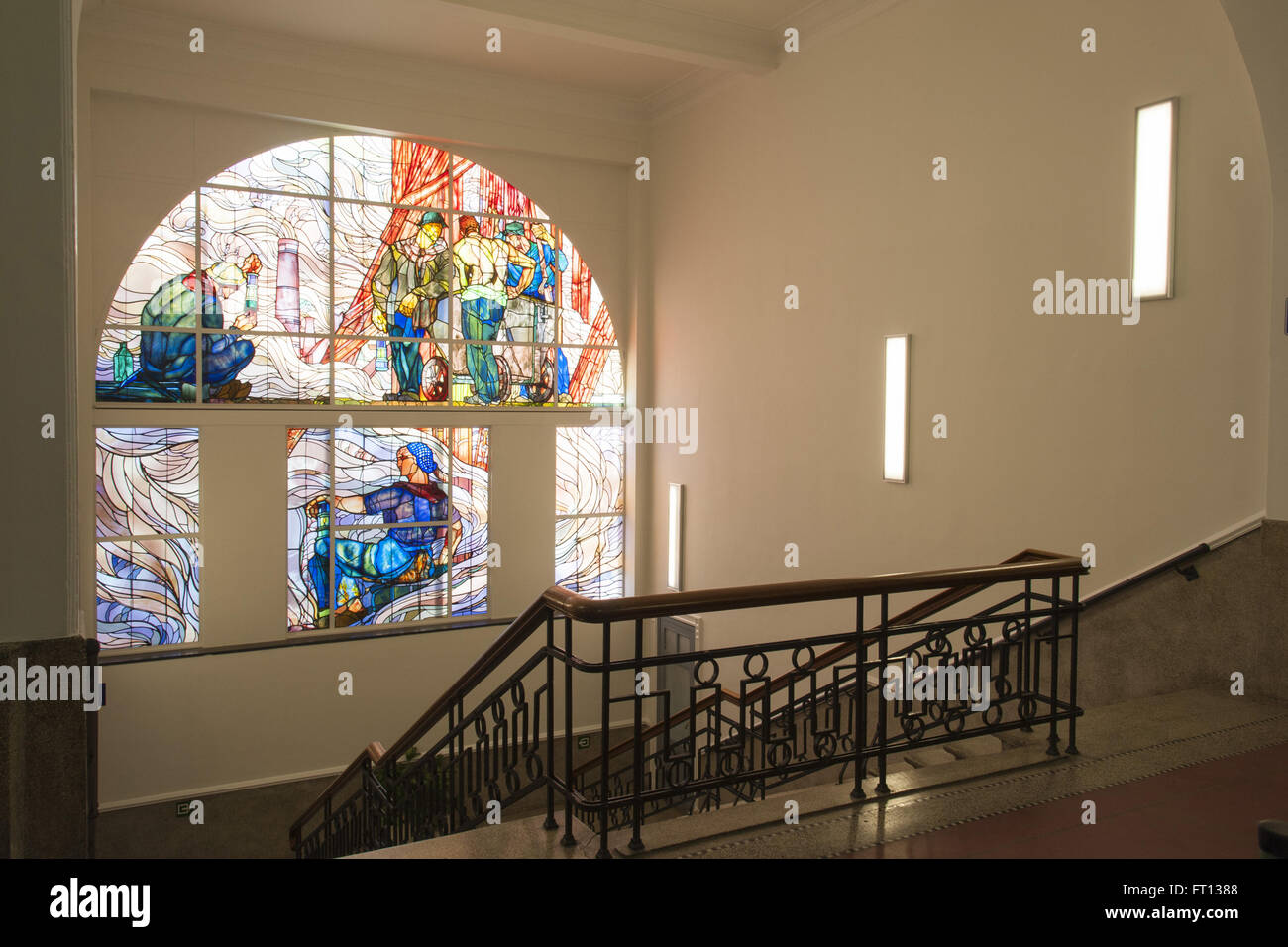 Glass window in a University building, Mons, Hennegau, Wallonie ...