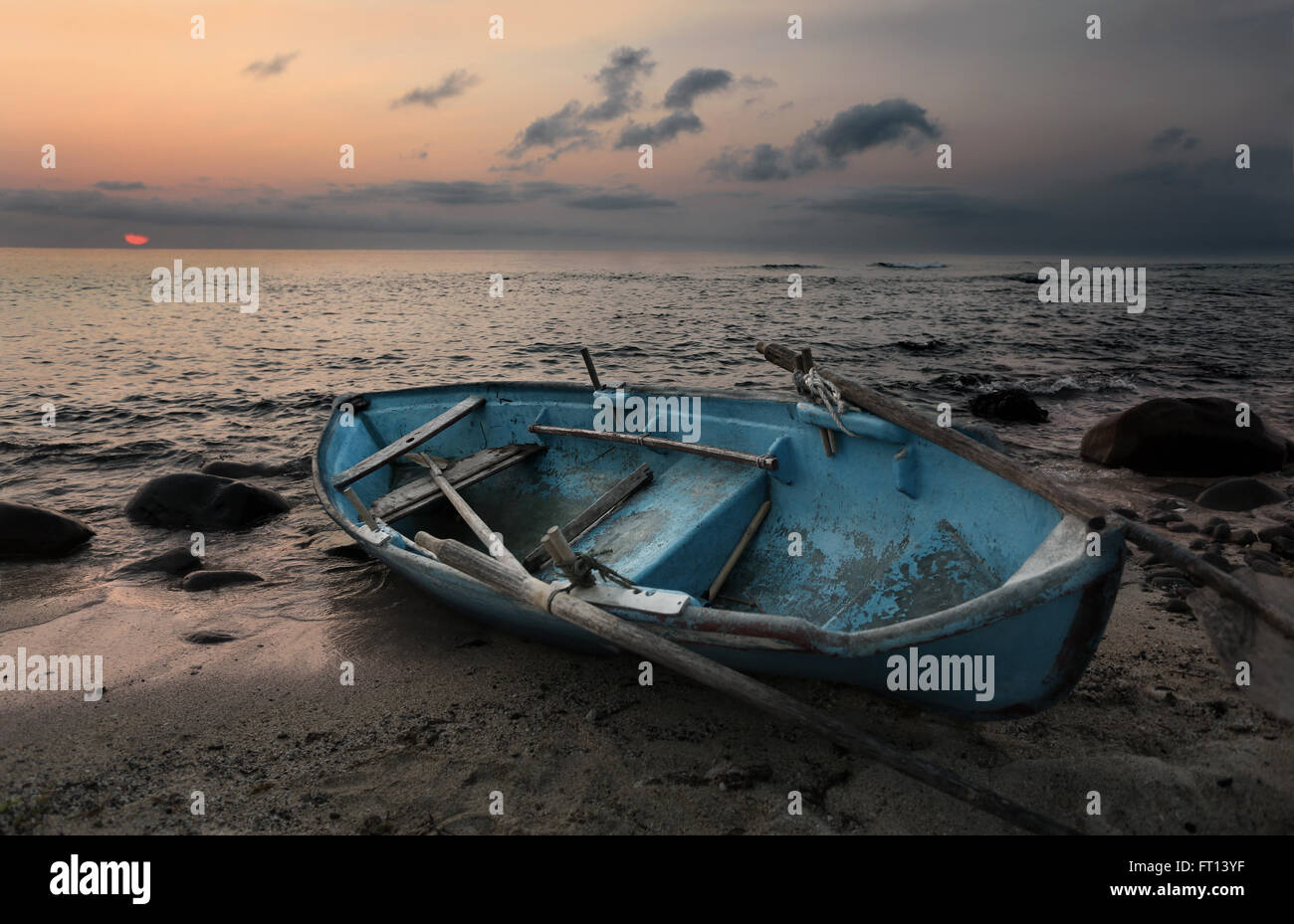Fishing boat on a beach at sunset, Batan Island, Batanes, Philippines ...
