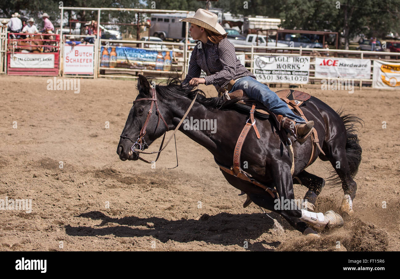 Barrel racing action at a rodeo in Cottonwood, California Stock Photo ...