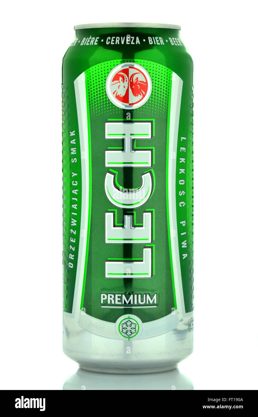 Lech pale lager beer isolated on white background Stock Photo - Alamy