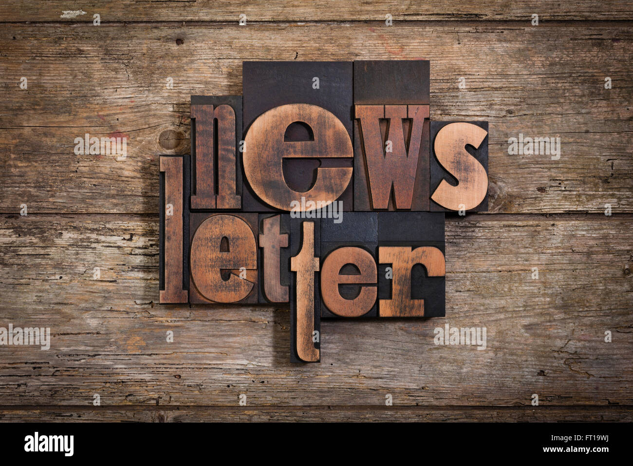 Newsletter, word written with vintage letterpress printing blocks on ...