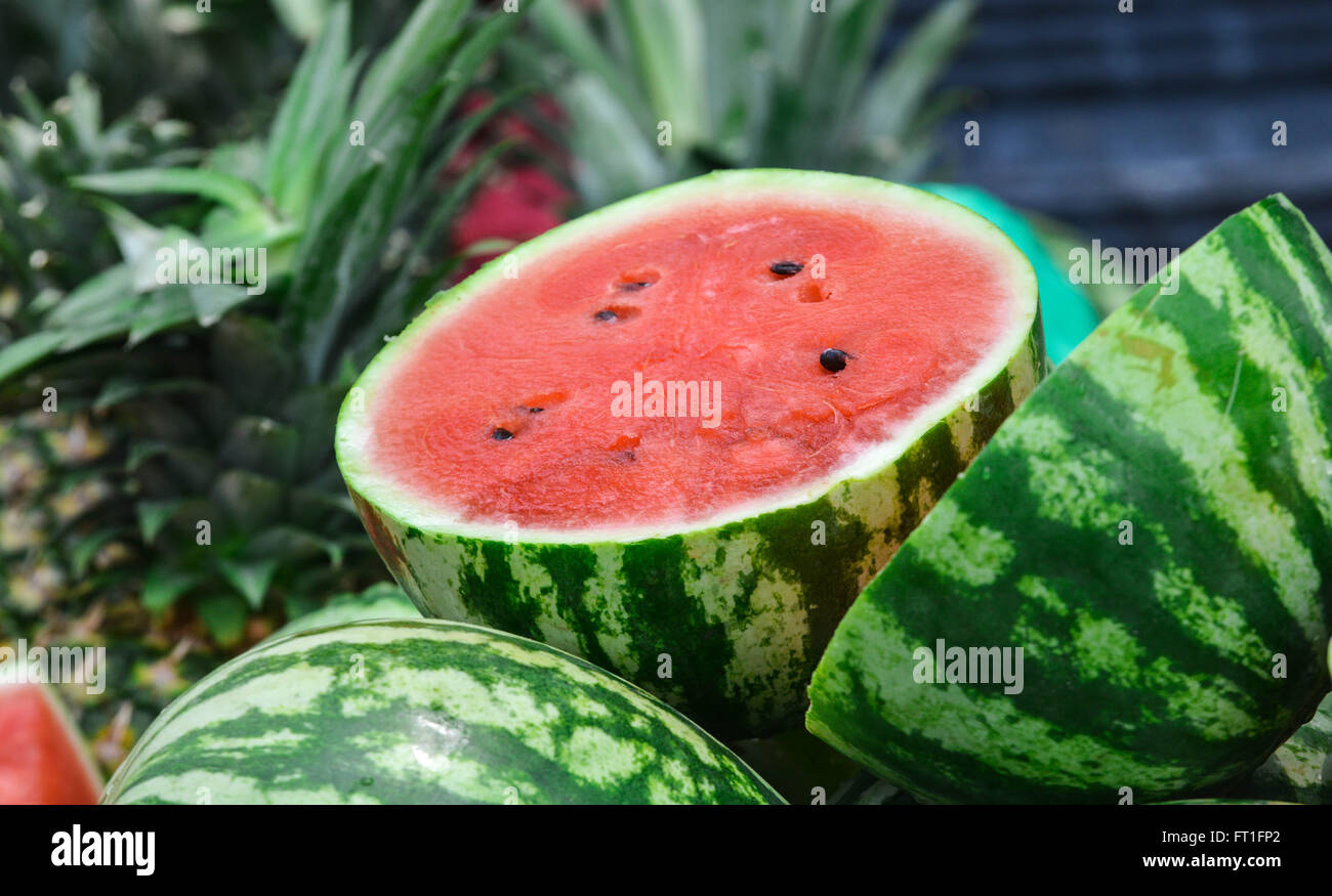 Close up of watermelons on a road side produce vending post Stock Photo ...
