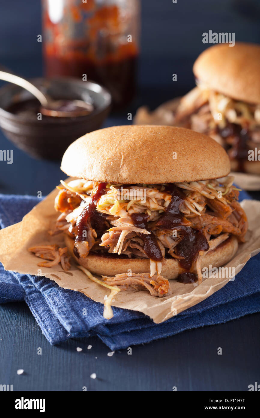 homemade pulled pork burger with coleslaw and bbq sauce Stock Photo - Alamy