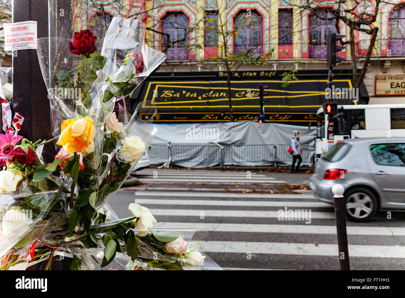 Flowers paying tribute to victims of terrorist attack at Bataclan ...