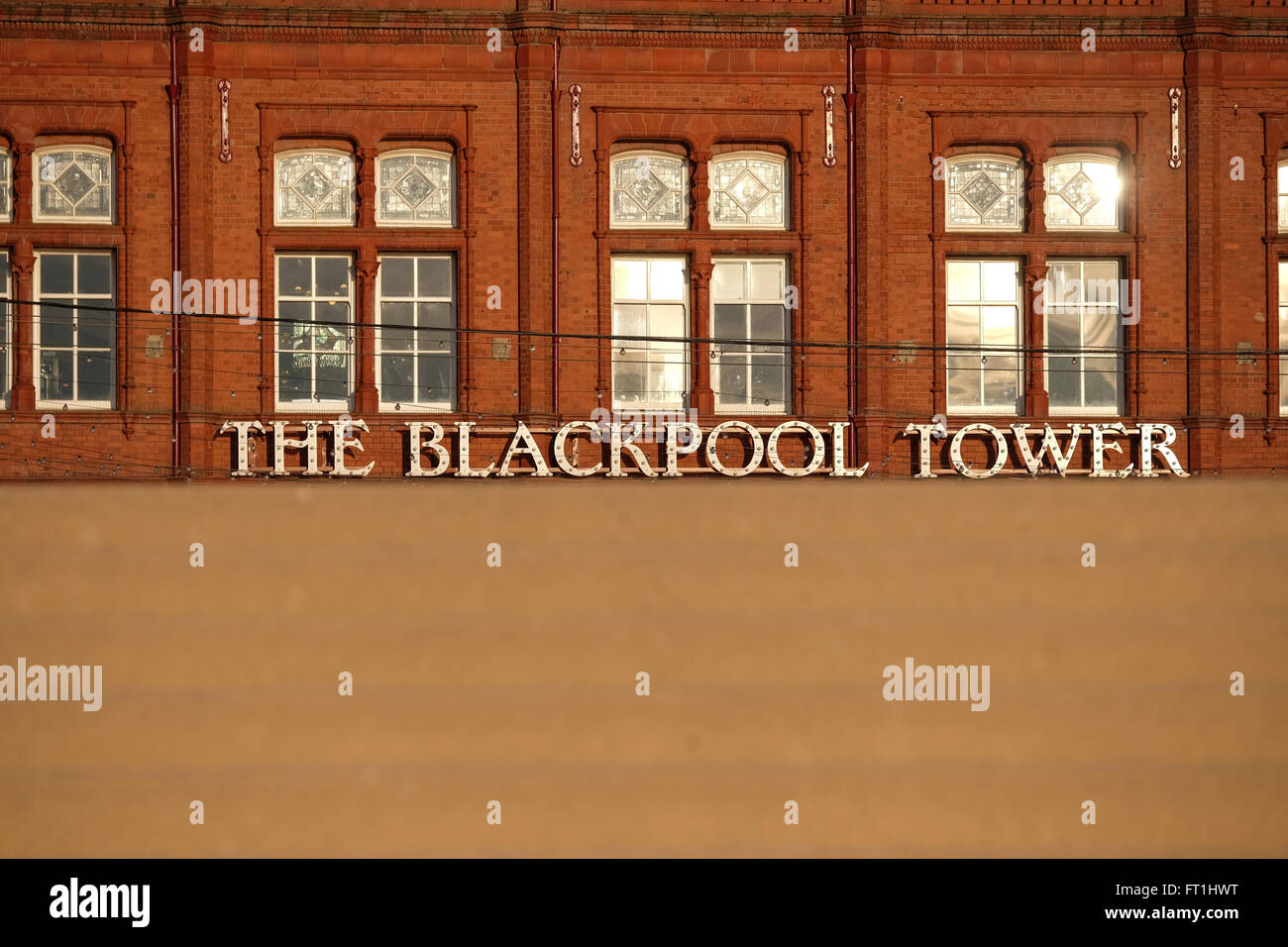 The Blackpool Tower sign lettering facing the promenade and beach Stock ...