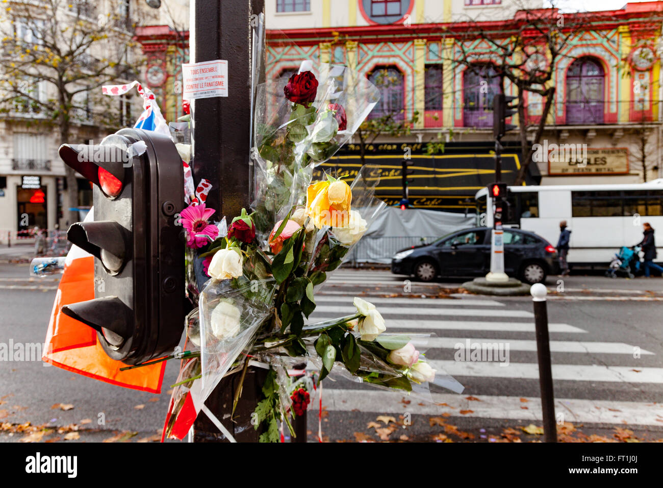 Flowers paying tribute to victims of terrorist attack at Bataclan ...