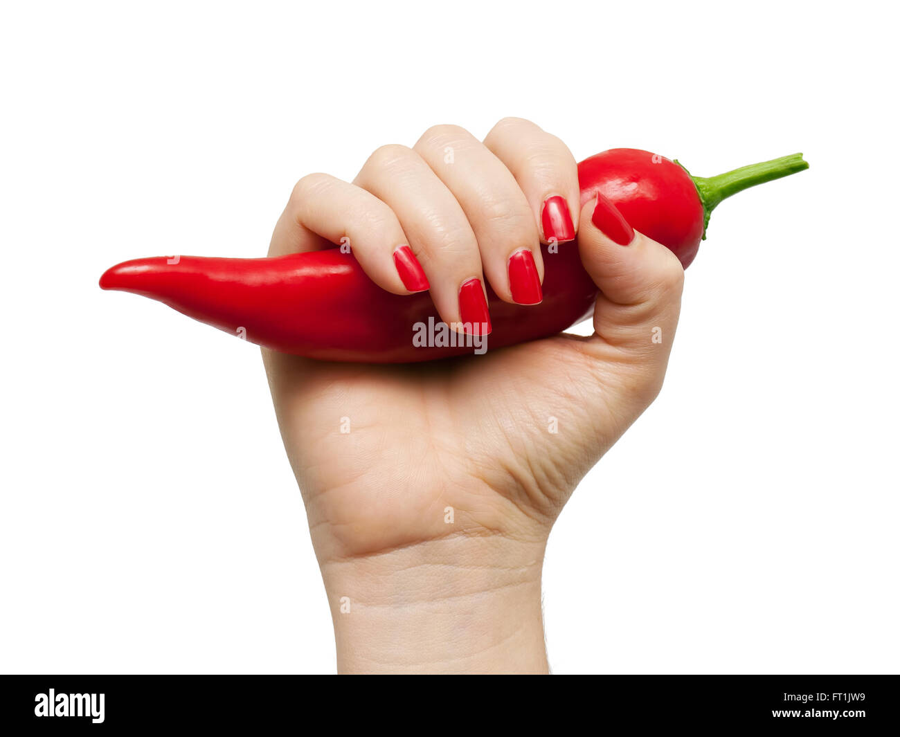Woman's hand is holding a big red chili pepper on a white background ...