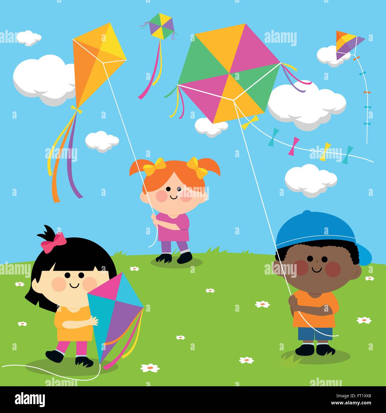 Illustration kids flying kites hi-res stock photography and images - Alamy
