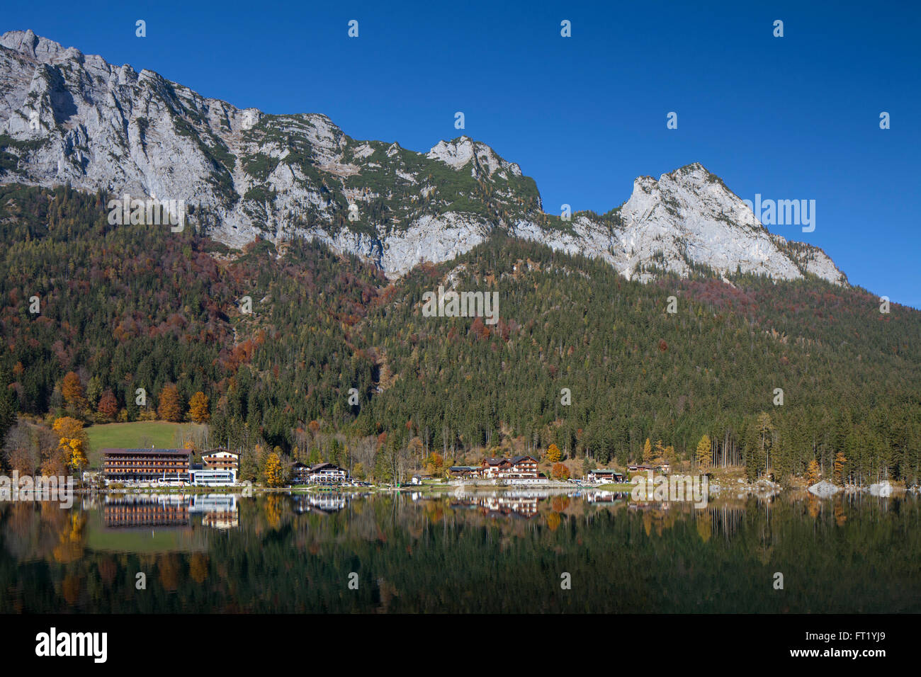 Hotels and CVJM Aktivzentrum Hintersee along Lake Hintersee in the ...