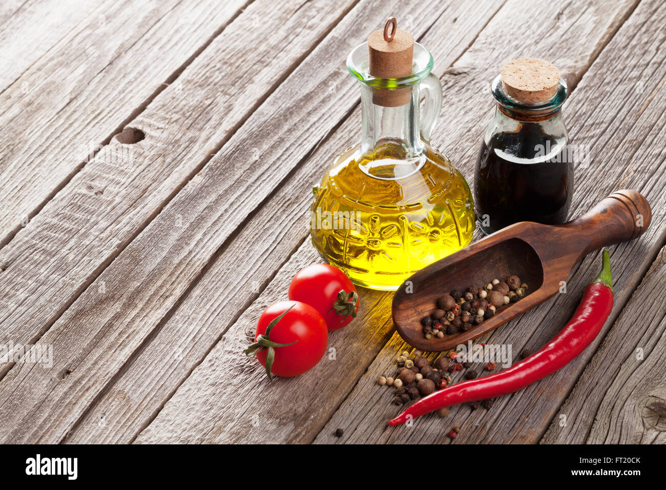 Spices and condiments on wooden table. View with copy space Stock Photo ...