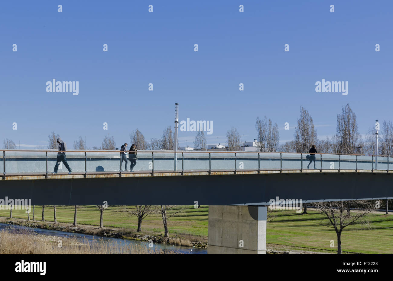 A blue bridge lateral view in Lleida city on the Segre river, Catalonia ...
