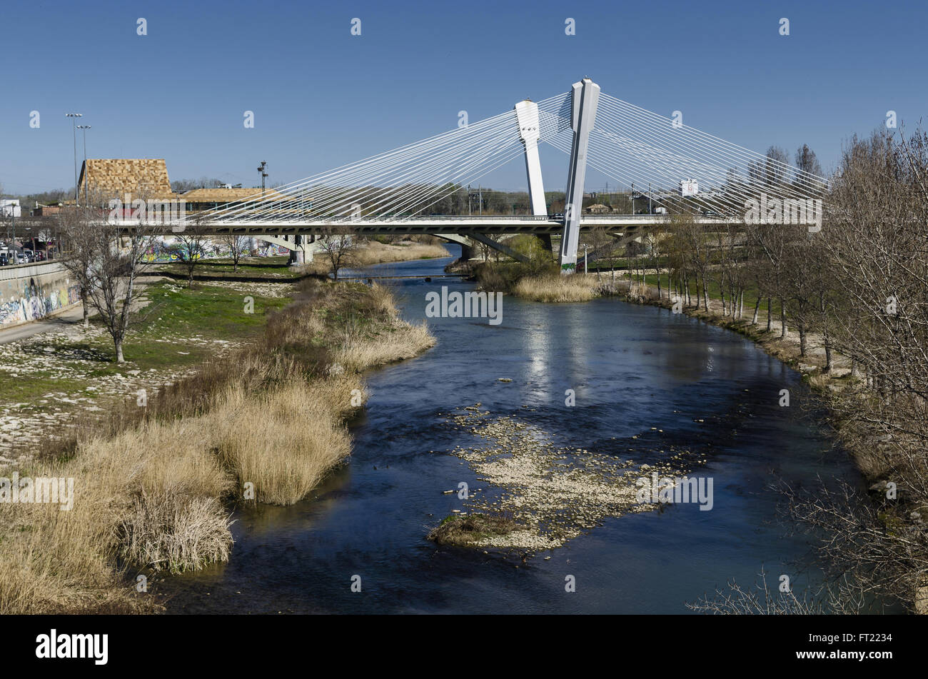 A white bridge view in Lleida city on the Segre river, Catalonia, Spain ...