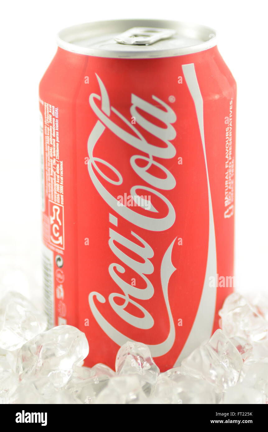Coca-Cola drink in a can on ice isolated on white background Stock ...