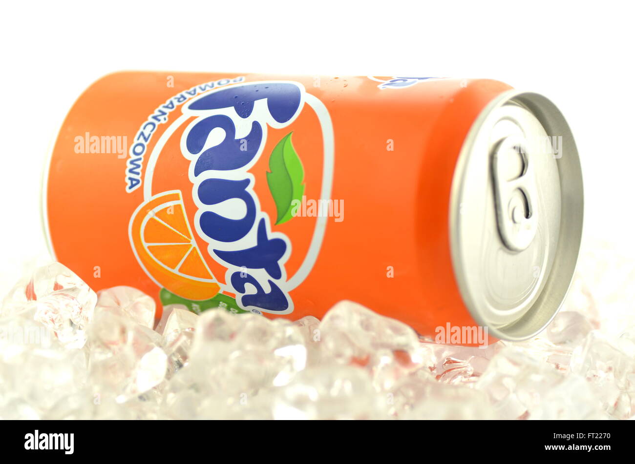 Fanta drink in can on ice isolated on white background Stock Photo - Alamy