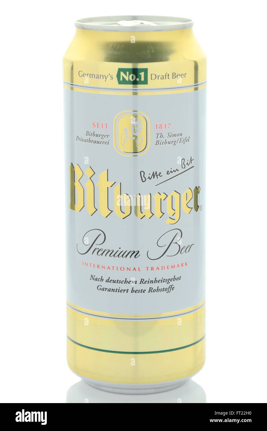 Bitburger premium beer isolated on white background. Bitburger brewery is German brewery founded ...