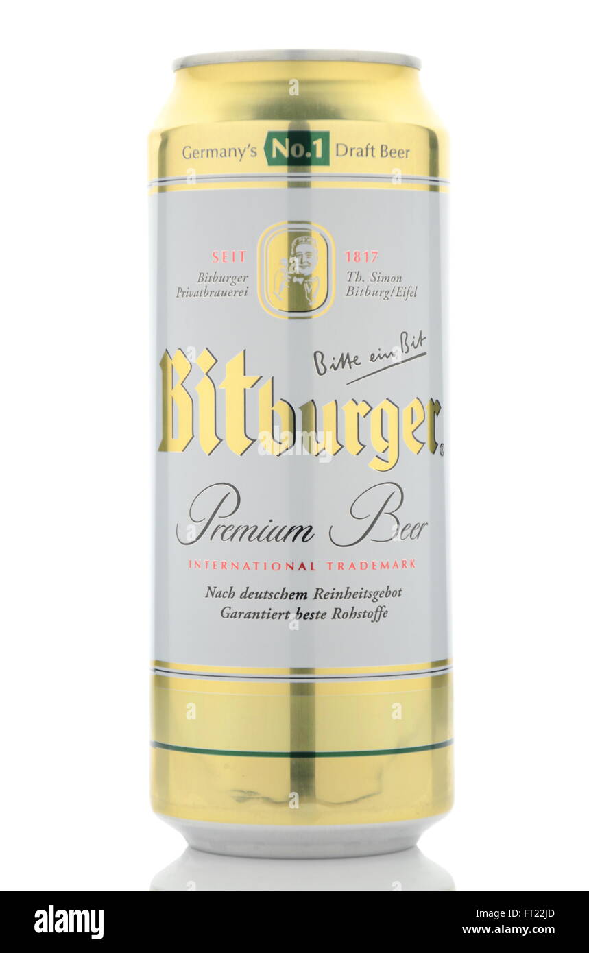 Bitburger premium beer isolated on white background. Bitburger brewery ...