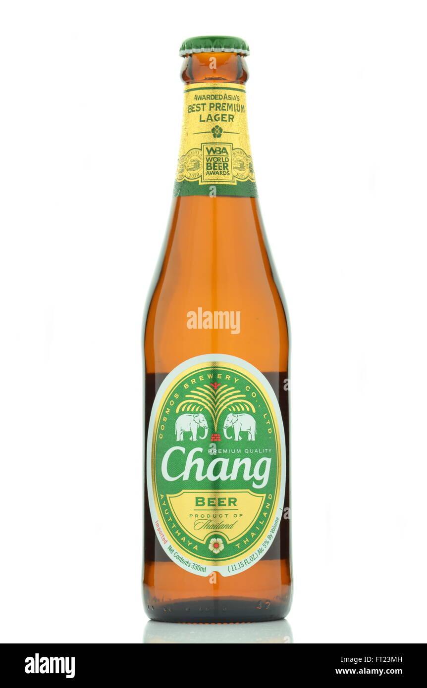 Chang lager beer isolated on white background. Chang beer has been ...