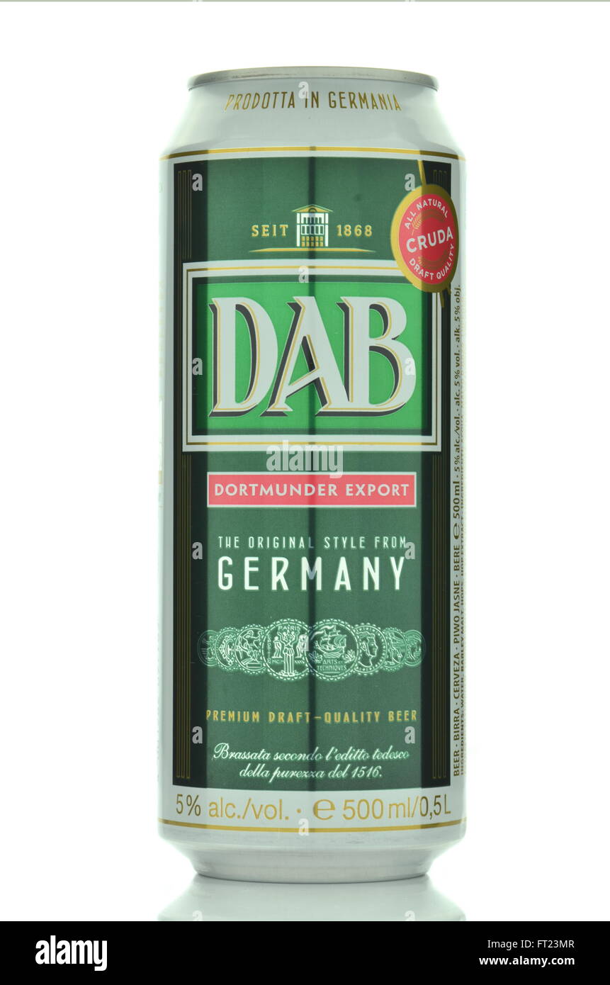 DAB beer isolated on white background. Dortmunder Actien Brauerei is a ...