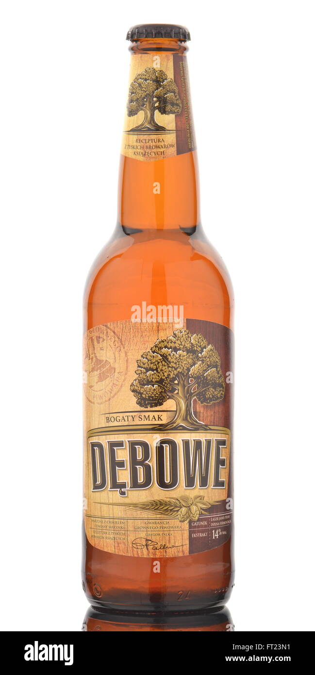Debowe lager beer isolated on white background. Debowe beer is brewed ...
