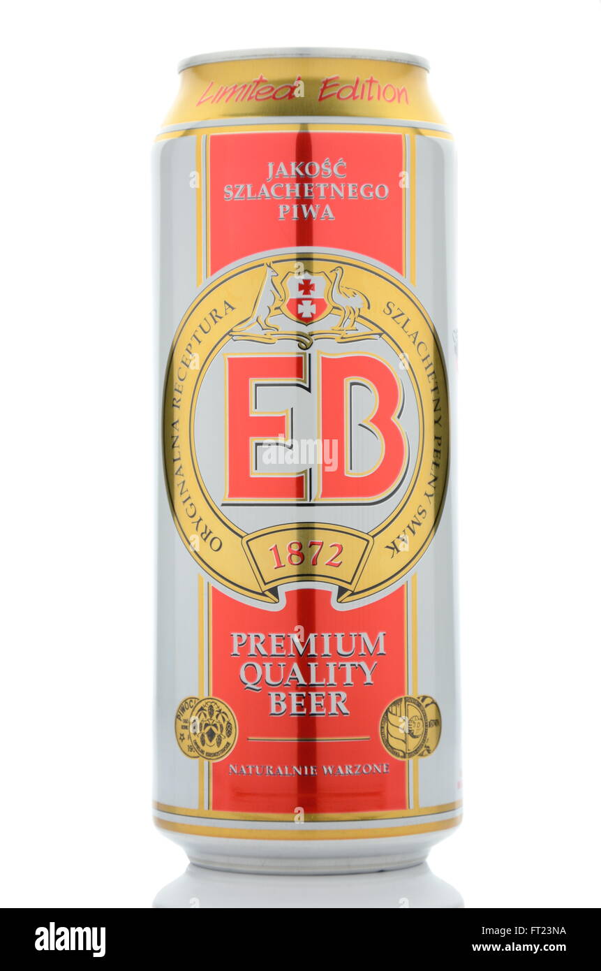EB premium quality beer isolated on white background Stock Photo - Alamy