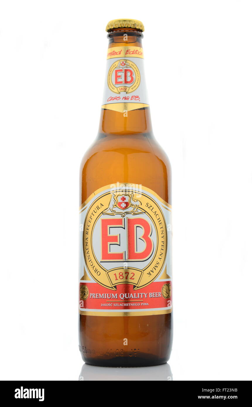 EB premium quality beer isolated on white background Stock Photo - Alamy