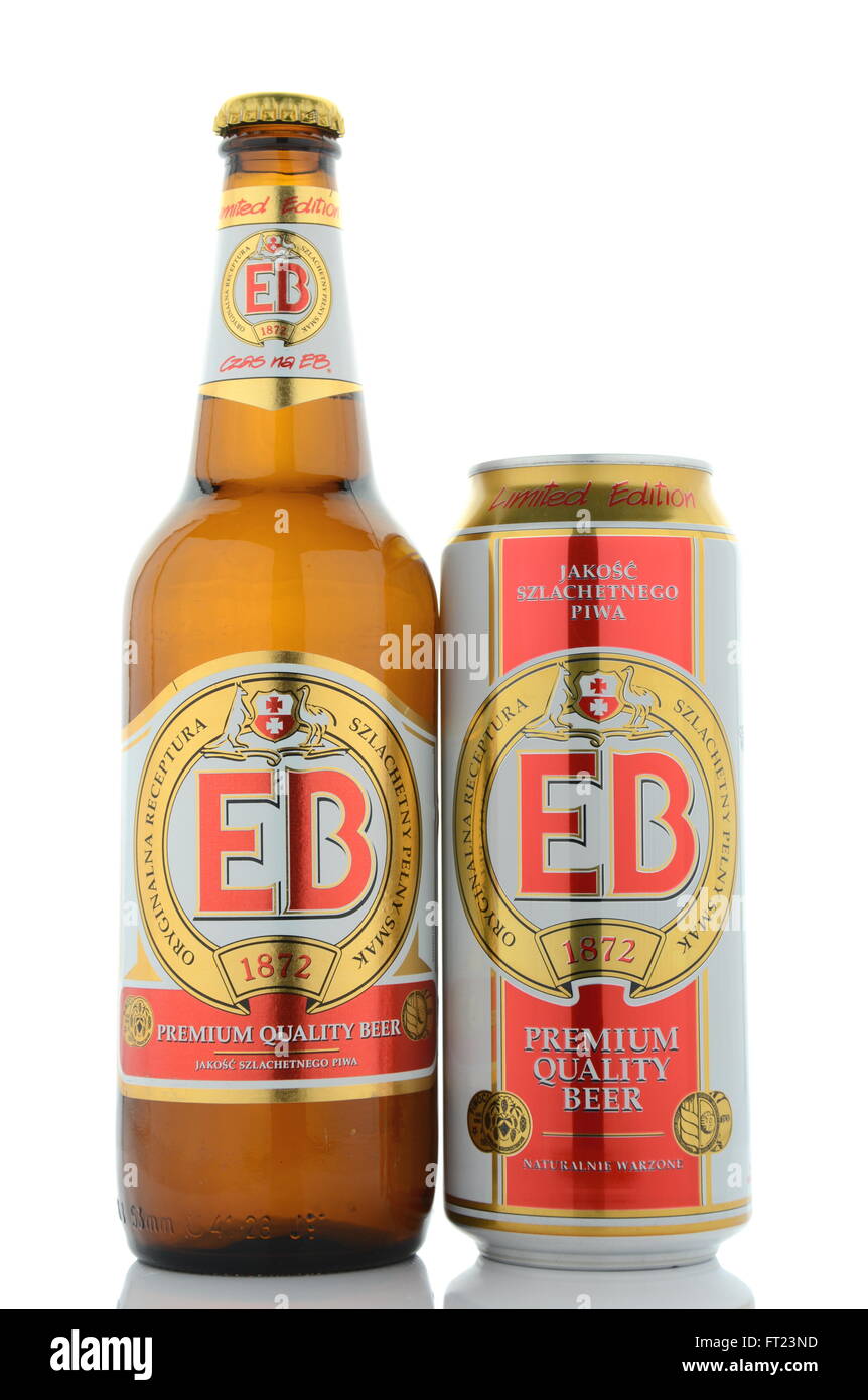 EB premium quality beer isolated on white background Stock Photo - Alamy
