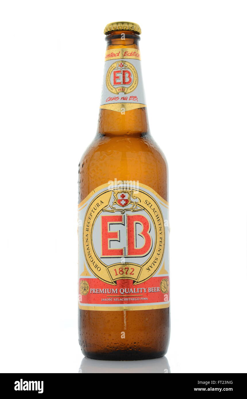 EB premium quality beer isolated on white background Stock Photo - Alamy