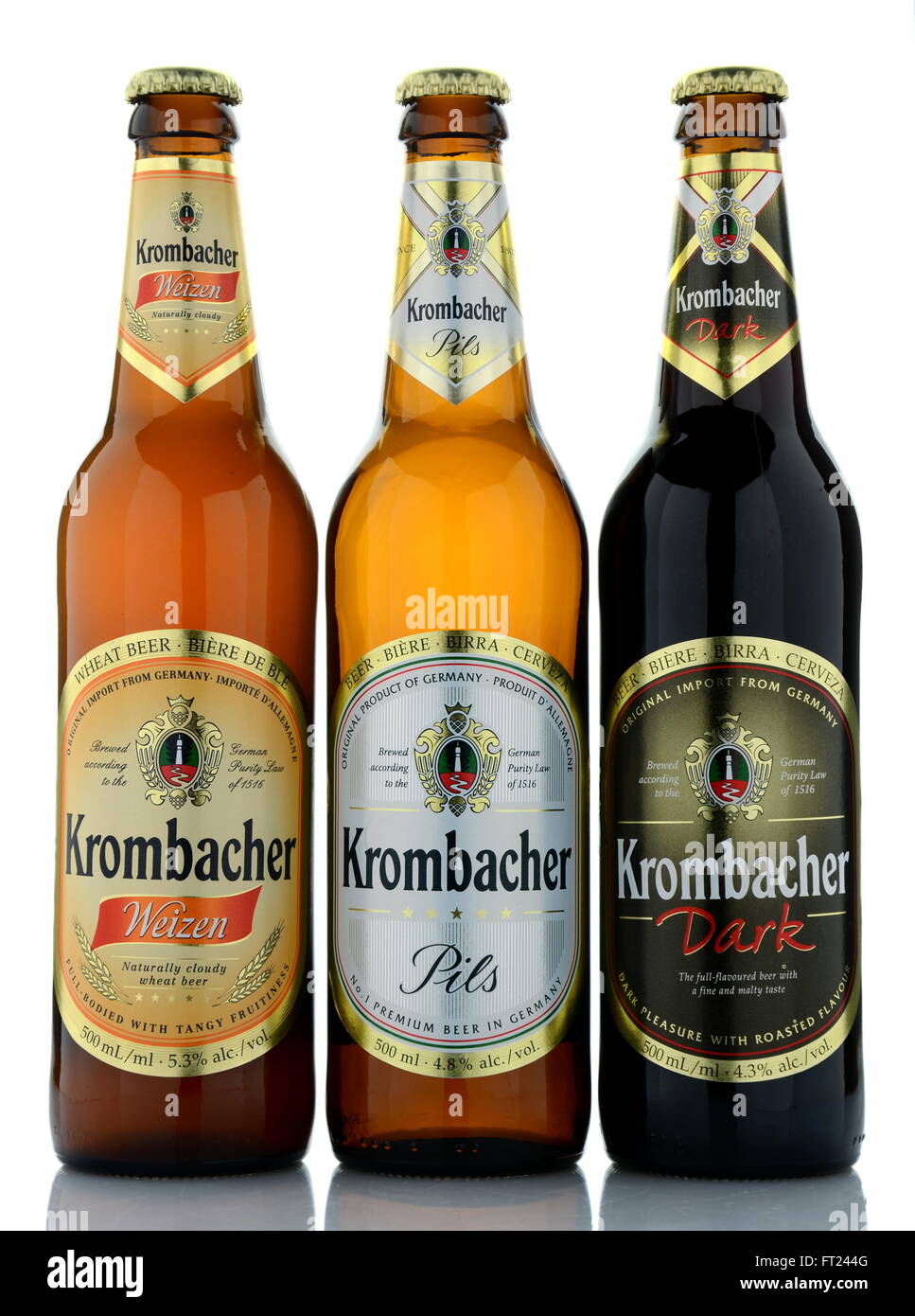 Variety of Krombacher beer isolated on white background. Krombacher ...