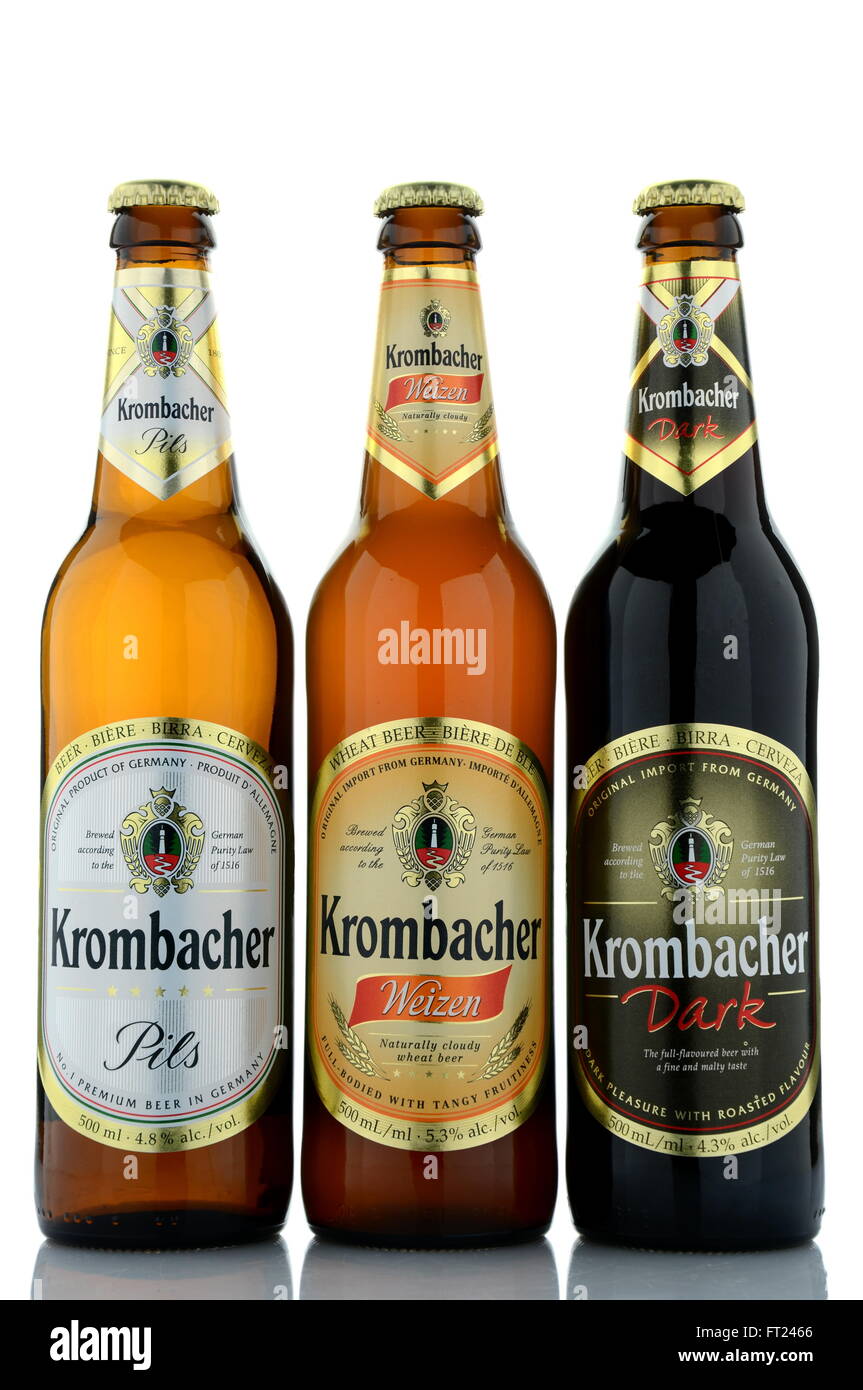 Variety of Krombacher beer isolated on white background. Krombacher ...