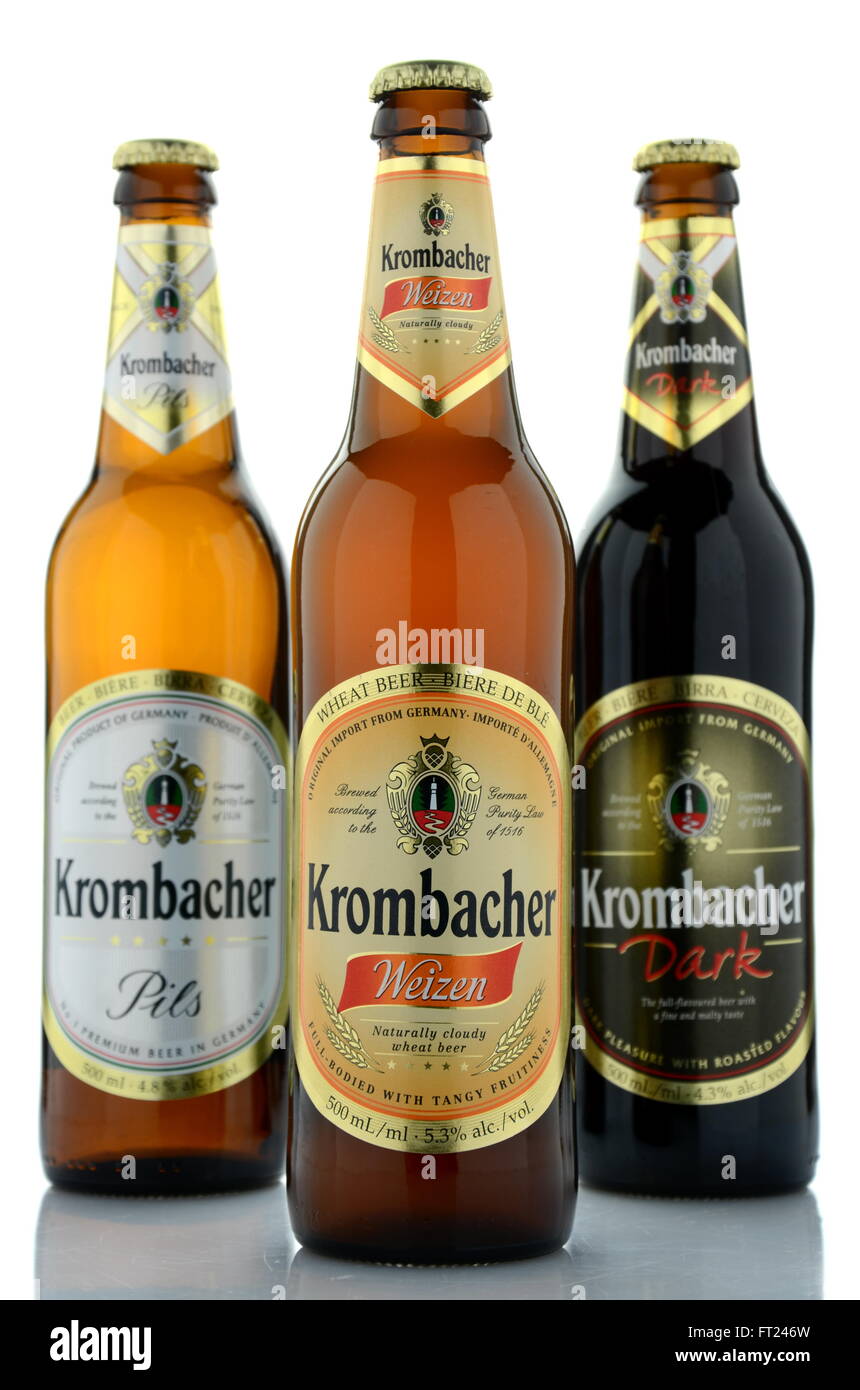 Variety of Krombacher beer isolated on white background. Krombacher ...