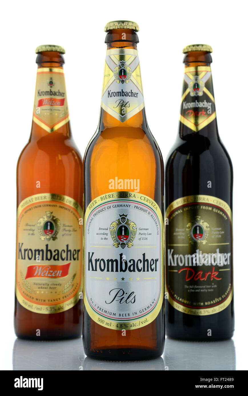 Variety of Krombacher beer isolated on white background. Krombacher ...