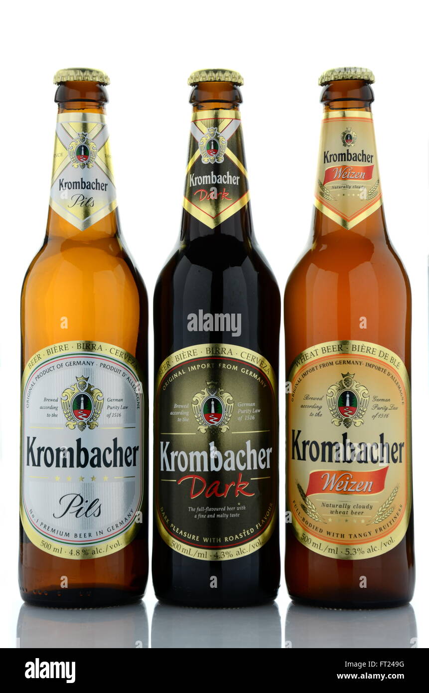 Variety of Krombacher beer isolated on white background. Krombacher ...