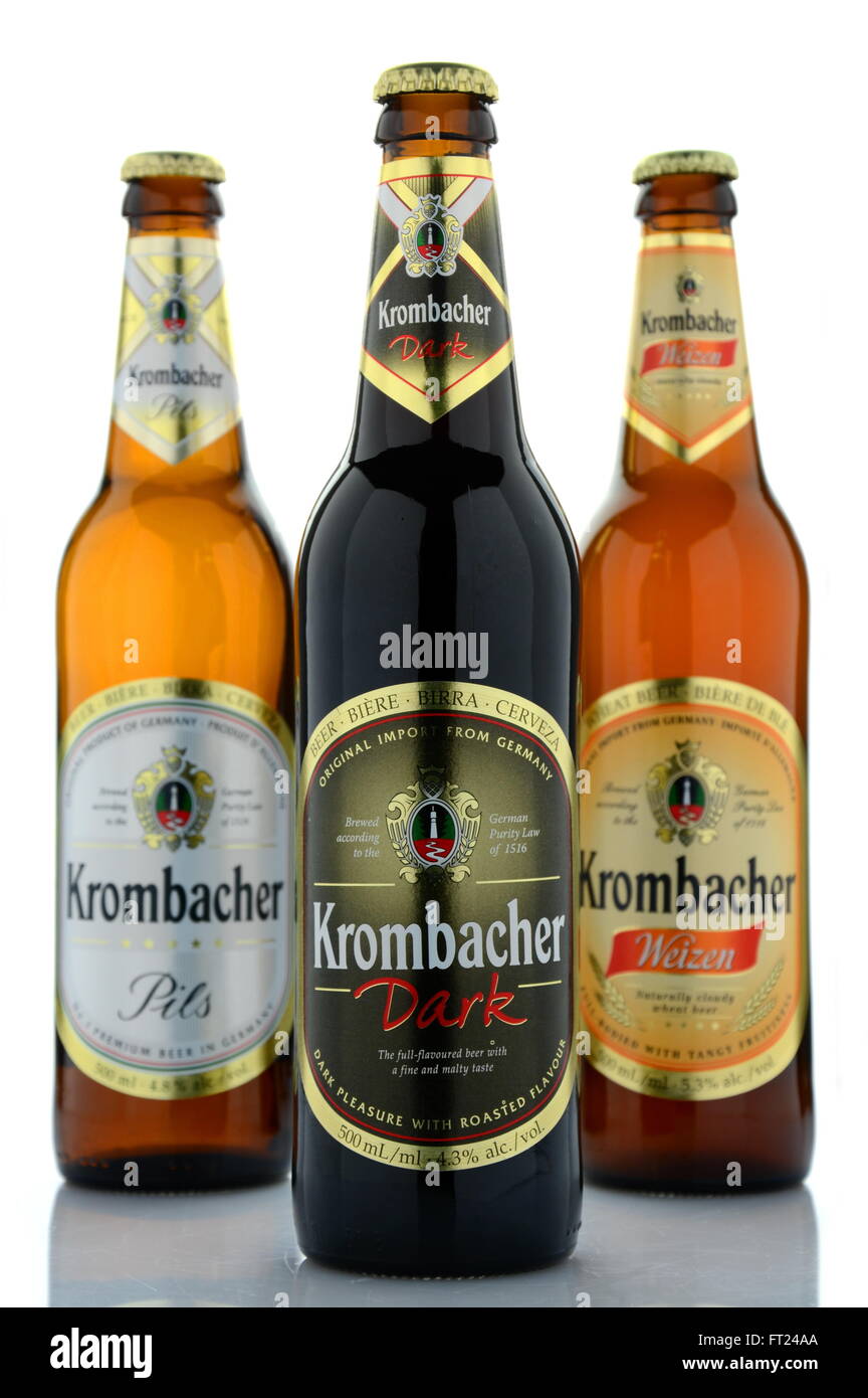 Variety of Krombacher beer isolated on white background. Krombacher ...