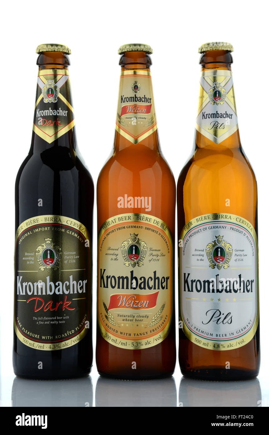 Variety of Krombacher beer isolated on white background. Krombacher ...