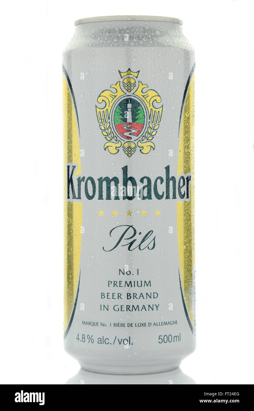 Krombacher pils beer isolated on white background. Krombacher brewery ...