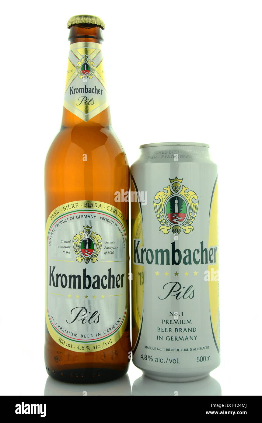 Krombacher pils beer isolated on white background. Krombacher brewery ...