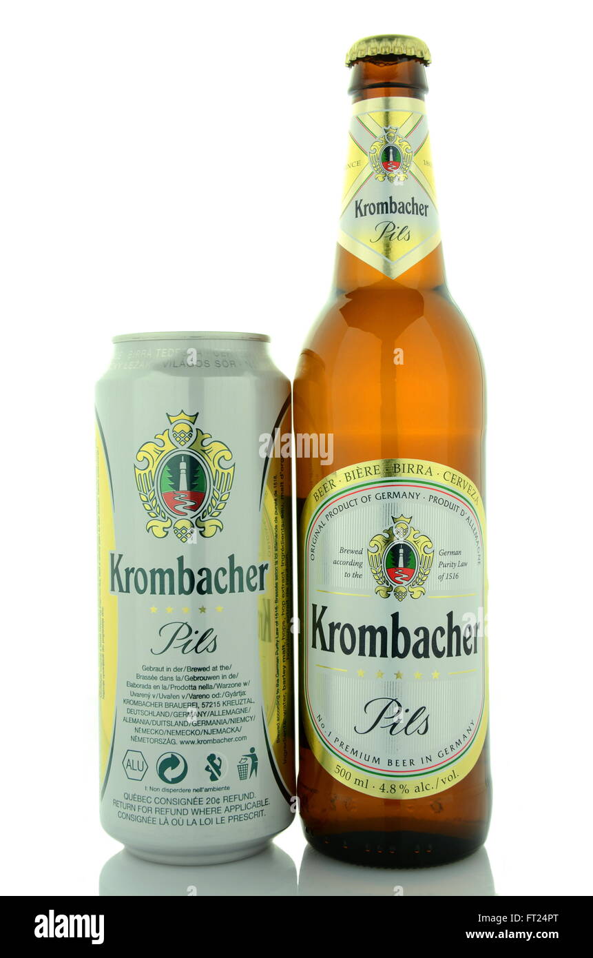 Krombacher pils beer isolated on white background. Krombacher brewery ...